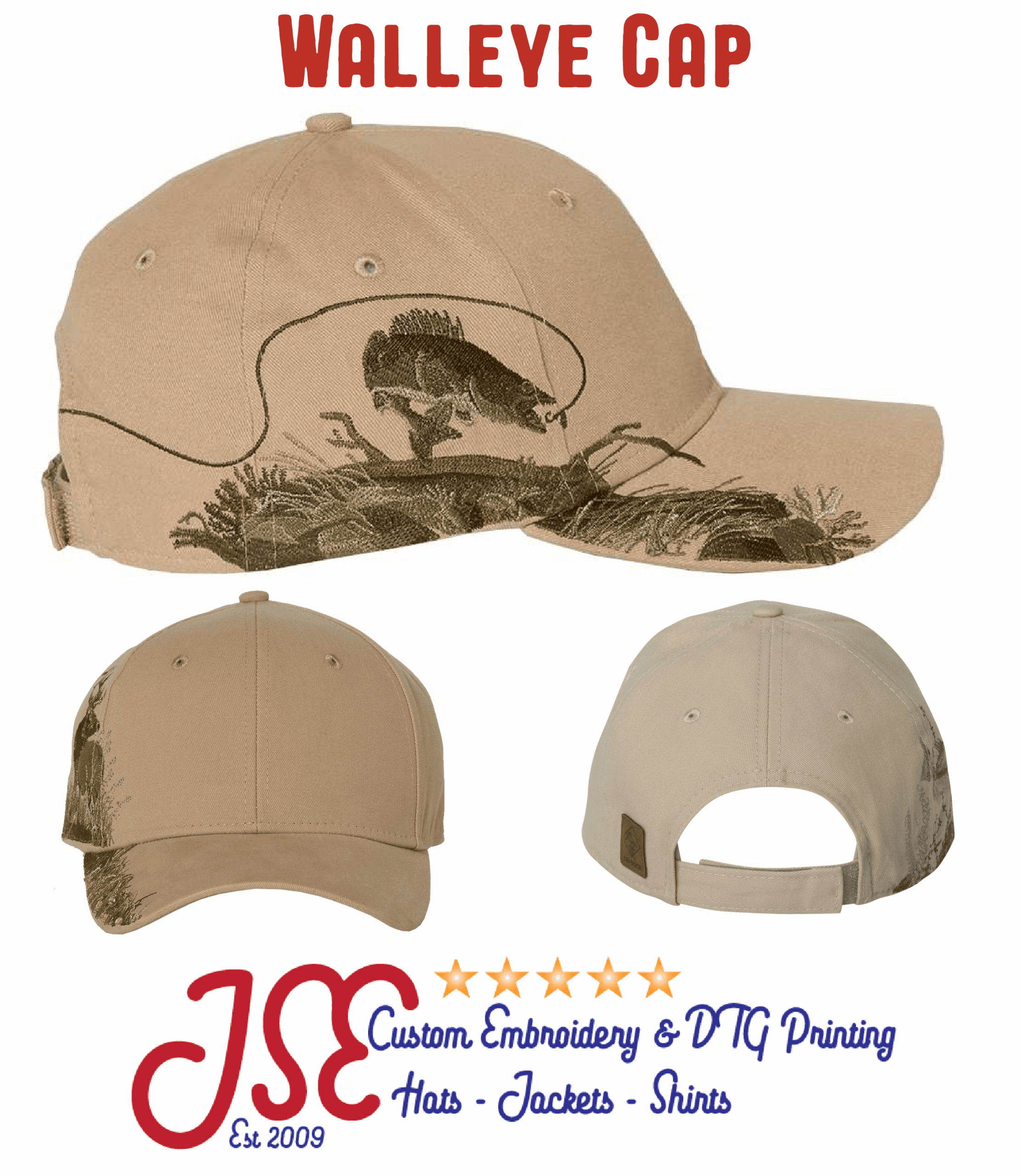 Khaki Embroidered Walleye Cap – JSE Embroidery
