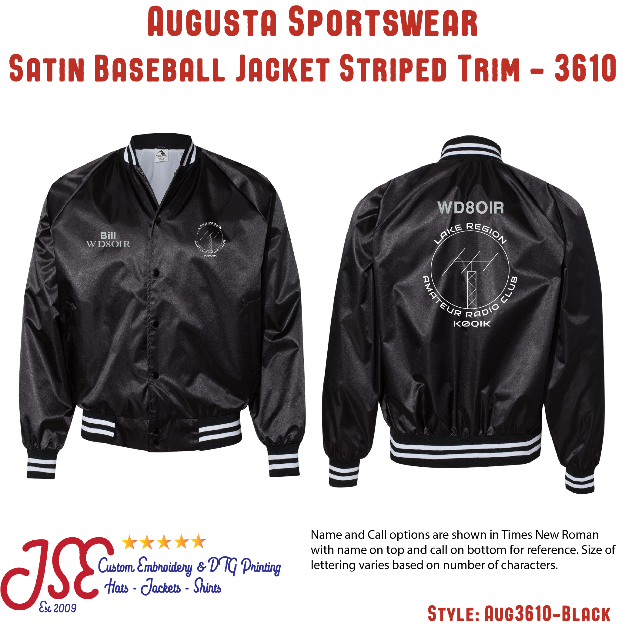 Lake Region Amateur Radio Club Augusta Satin Jacket – JSE Embroidery